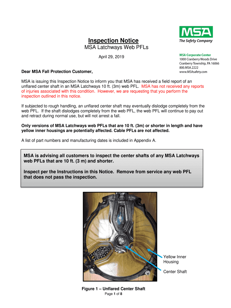 Fillable Online Inspection Notice: MSA Latchways web personal fall ...