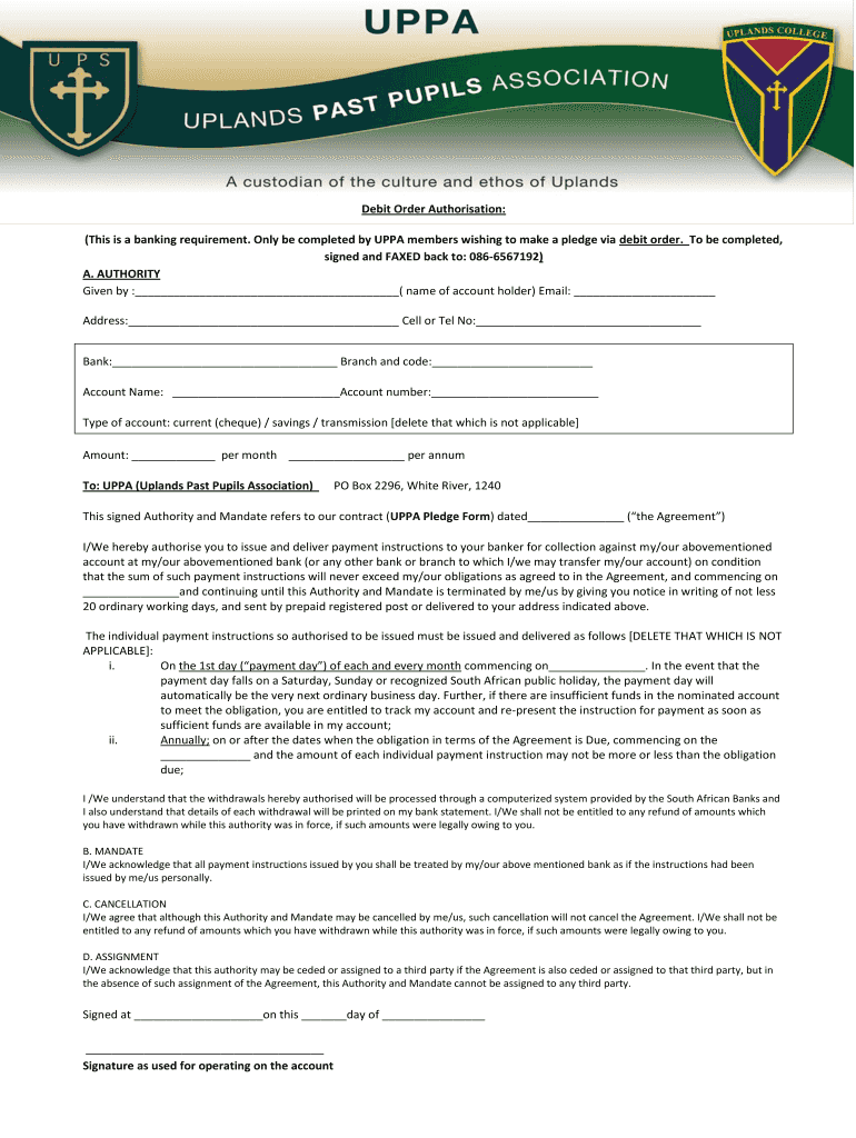Fillable Online Debit Order Authorisation: Fax Email Print - pdfFiller