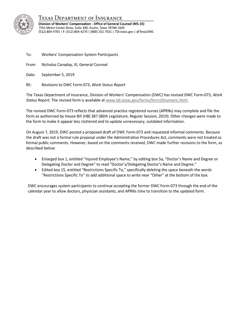 Fillable Online Revisions to DWC Form-073, Work Status Report ...