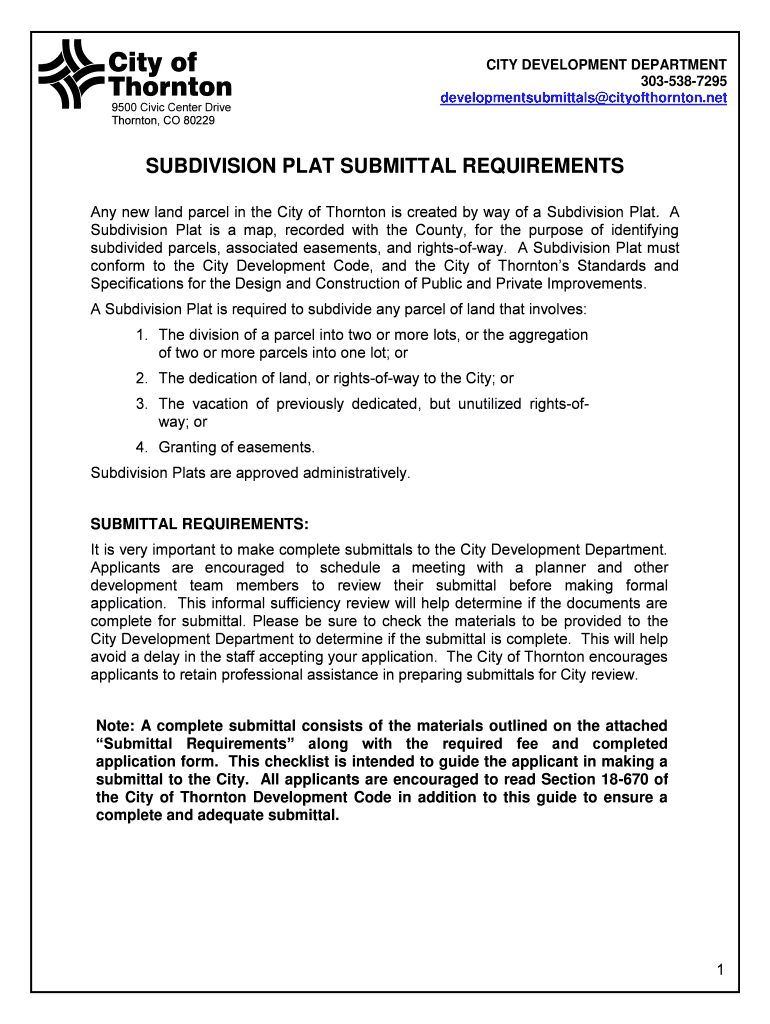 Fillable Online subdivision plat submittal requirements - City of Thornton Fax Email Print ...