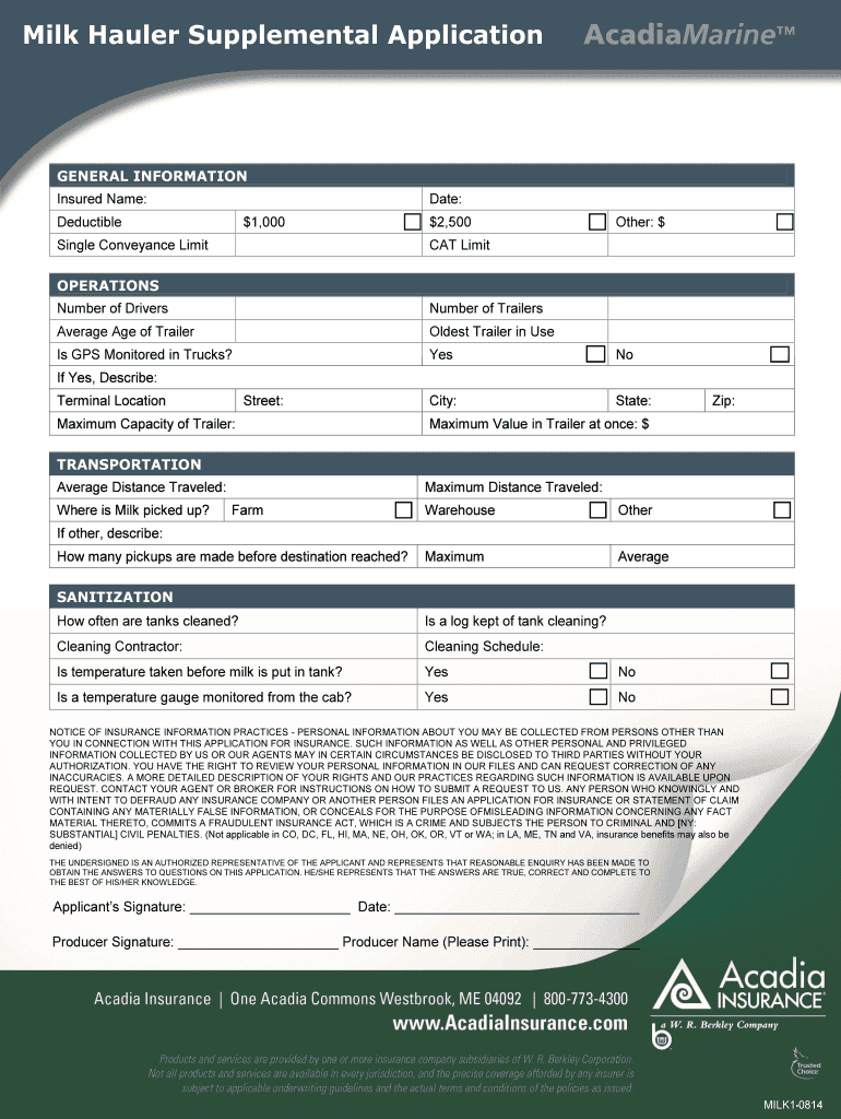Fillable Online Milk Hauler Supplemental Application - Acadia Insurance ...