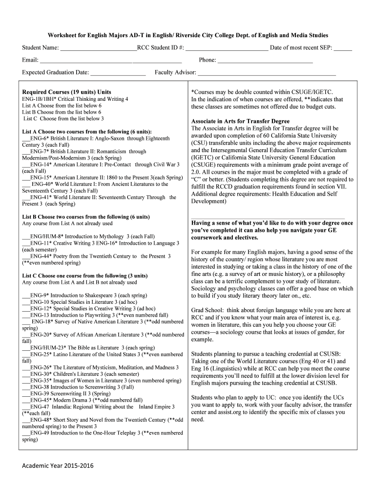 Fillable Online Worksheet for English Majors AD - Riverside City ...