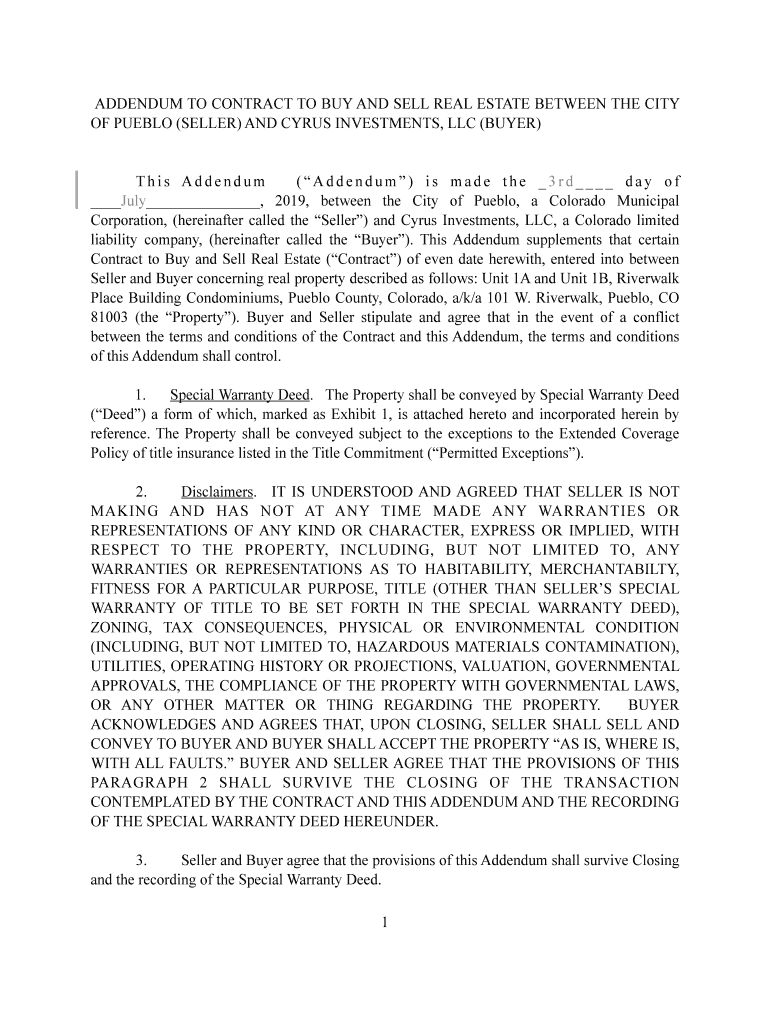 Fillable Online second addendum to sale and purchase agreement - Pueblo ...