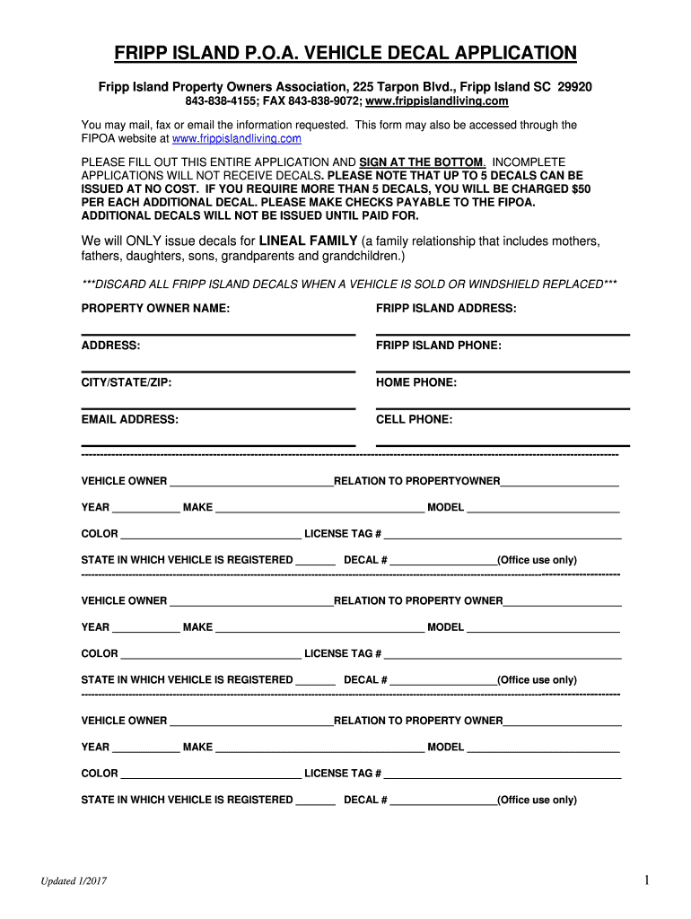 Fillable Online fripp island poa vehicle stickers Fax Email Print ...