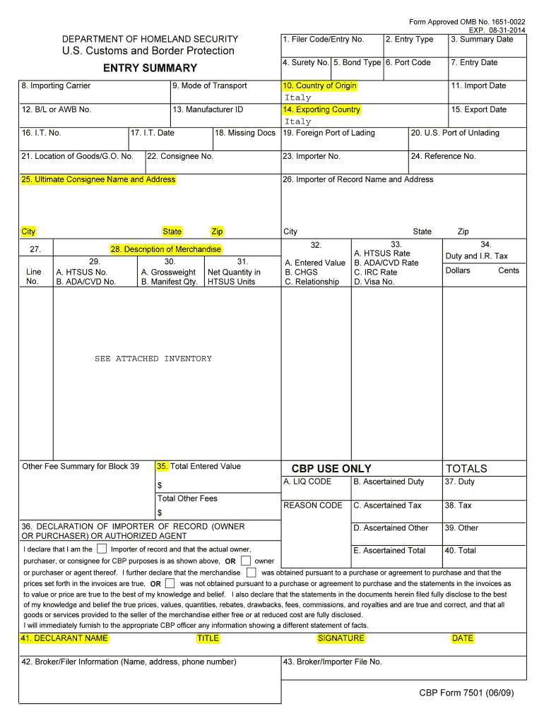 Fillable Online Non-ABI/Manual Entry SummaryU.S. Customs and Border ...