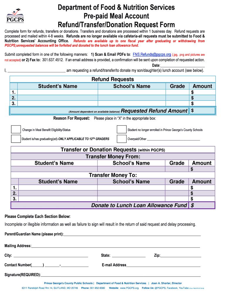 Fillable Online www1 pgcps Food Nutrition Services Pre-Paid Refund ...