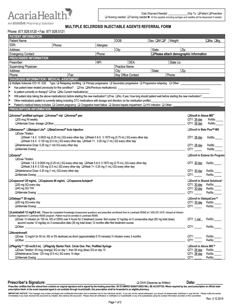 Fillable Online Acaria Health - Multiple Sclerosis Injectable Agents ...