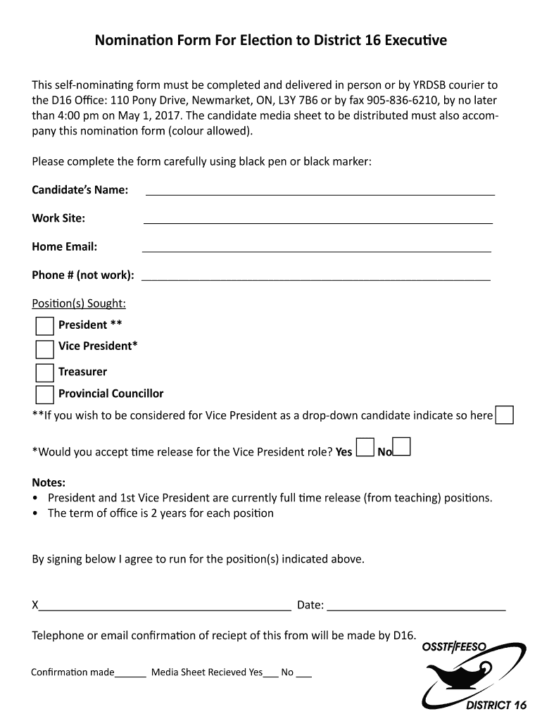 Fillable Online Nomination Form For Election to District 16 Executive ...