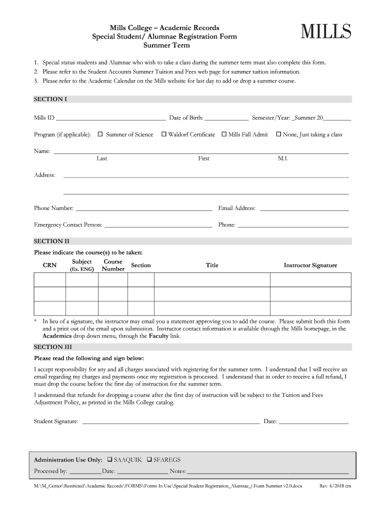 Fillable Online Special Student Registration/Alumnae Registration Form ...