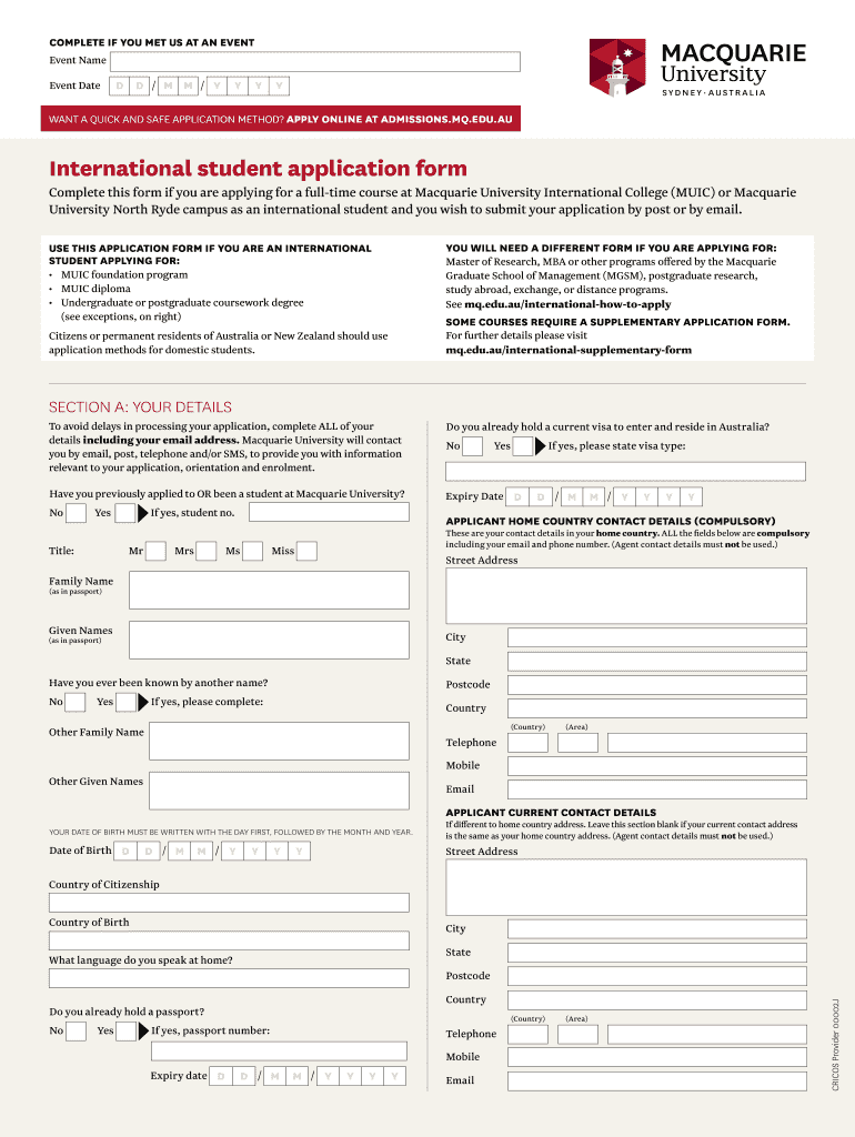Fillable Online Macquarie University Application Form for Undergraduate ...