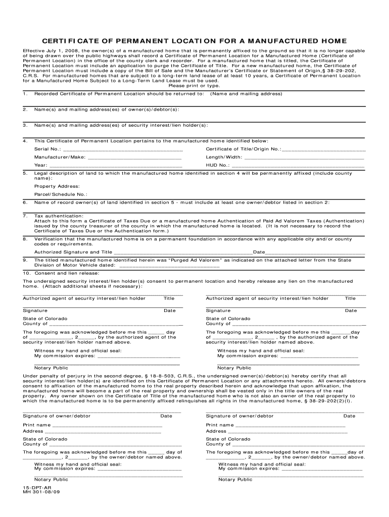 Fillable Online Certificate of Permanent Location for a Manufactured ...