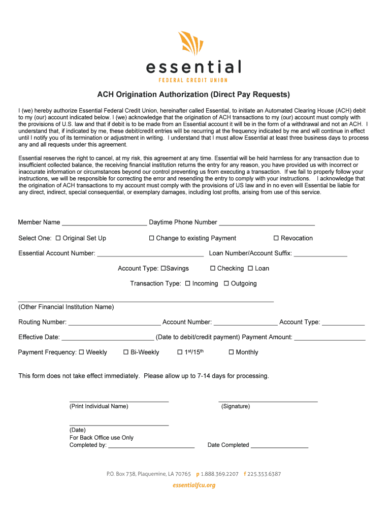 Fillable Online ACH Origination Authorization Agreement - Tongass ...
