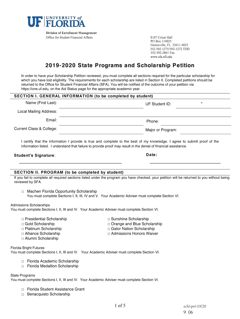 Fillable Online 2019-2020 State Programs and Scholarship Petition - UF ...