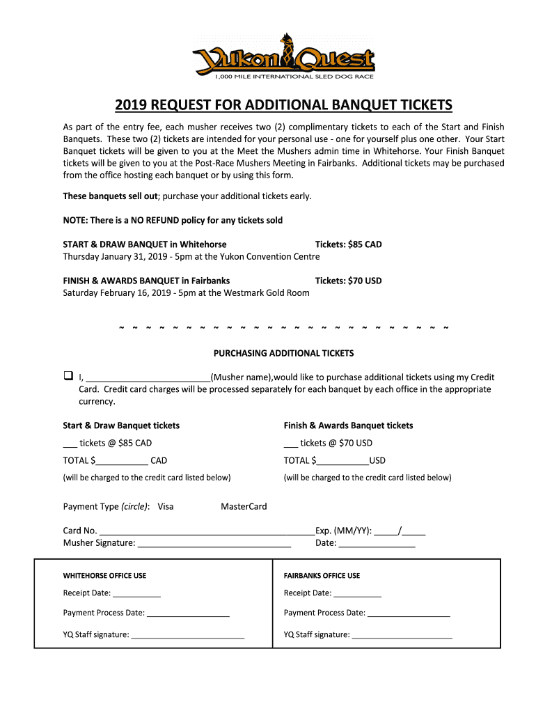 Fillable Online 2019 request for additional banquet tickets - Yukon ...