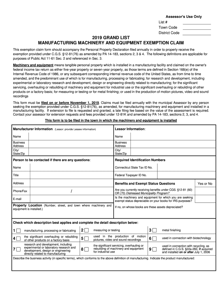 Fillable Online 2019 Manufacturing Machinery and Equipment Exemption ...