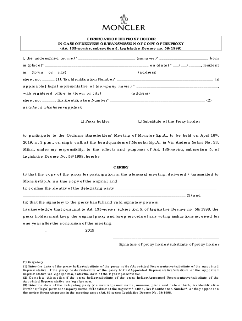 Fillable Online 03. 20190315 SarasCertificate of the proxy Holder ex ...