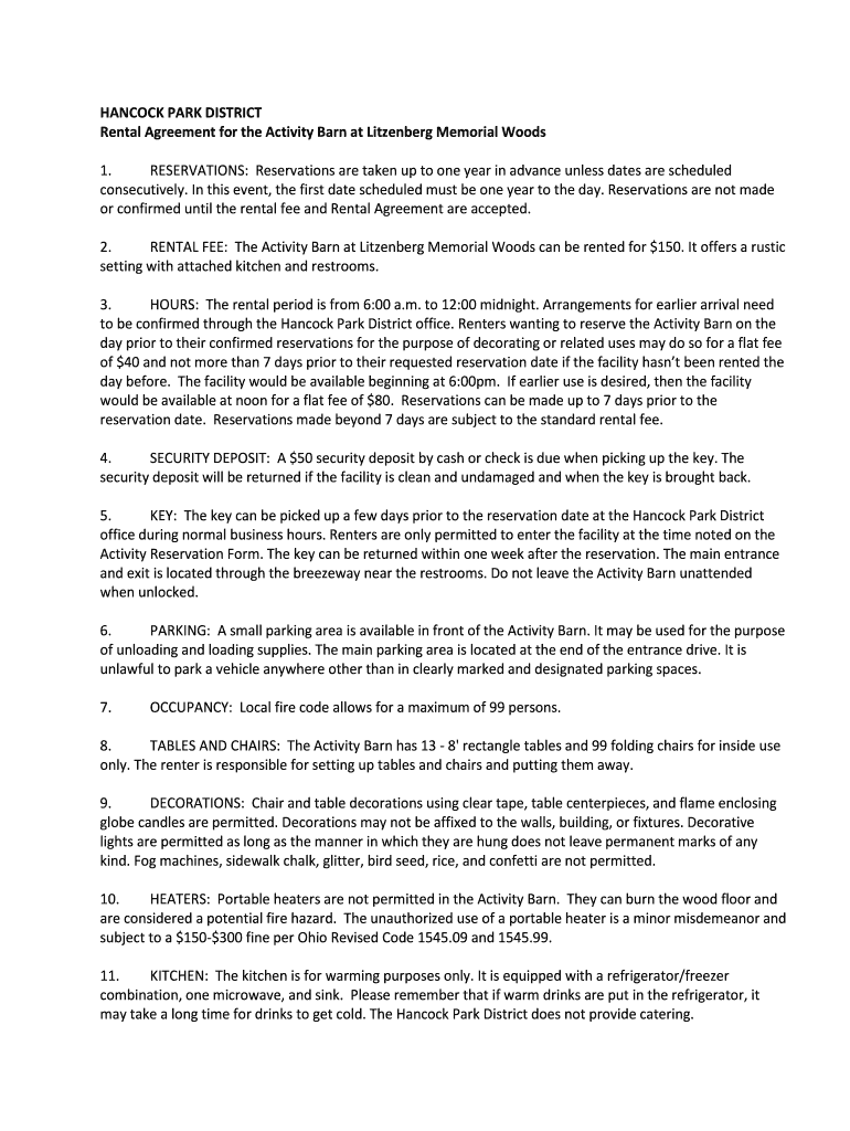 Fillable Online Rental Agreement for the Activity Barn at Litzenberg ...