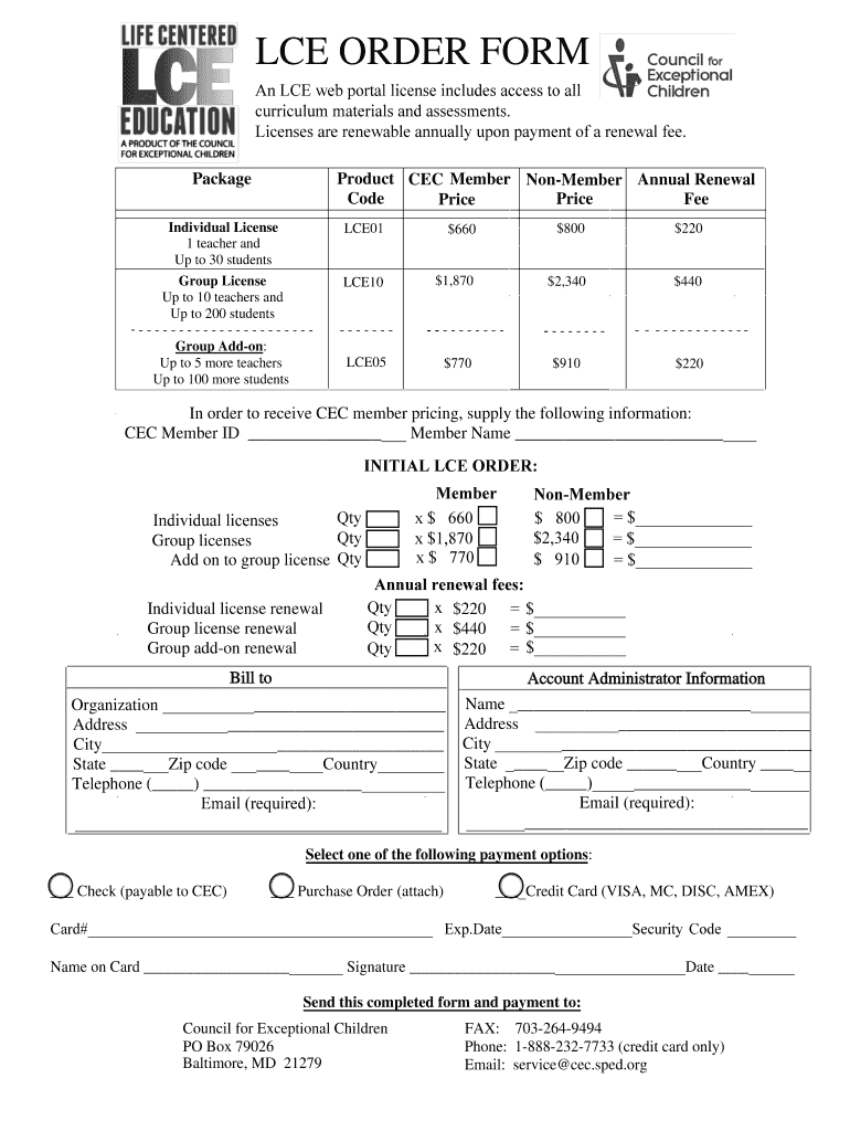 Fillable Online Fillable Online cec sped LCE ORDER FORM - Council for ...