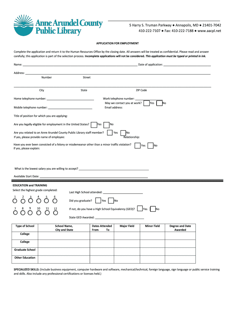 Fillable Online Anne Arundel County Public Library Employment ...