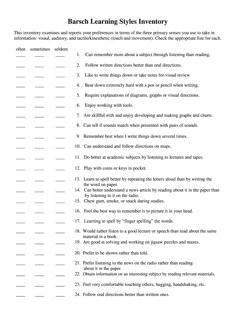 Fillable Online barsch learning style inventory - Bakersfield College Fax Email Print - pdfFiller