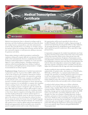 Fillable Online Medical Transcription Certificate - University of Rio ...