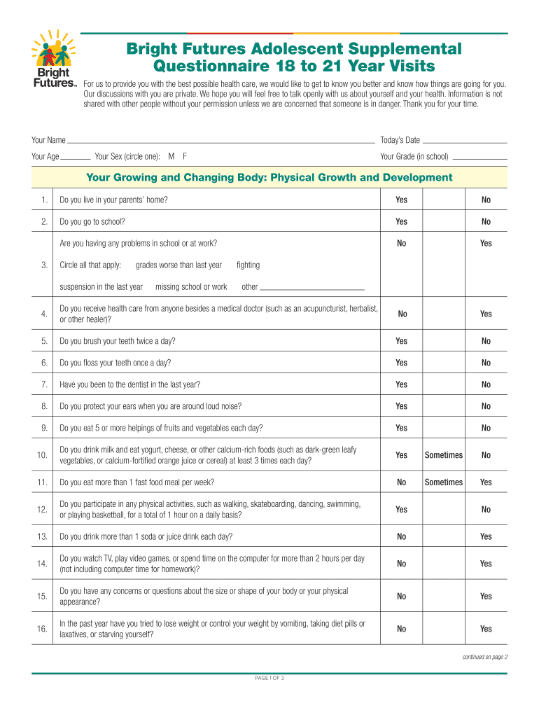 Fillable Online Adolescent Supplemental Questionnaire 18 to 21 Year ...