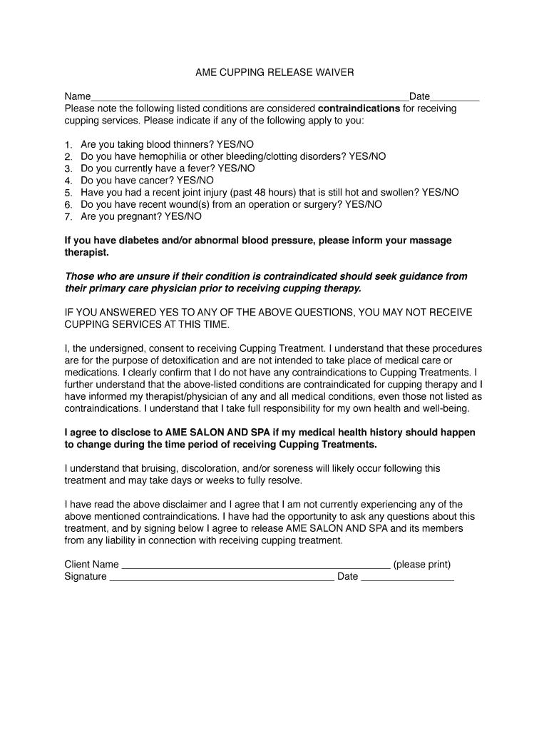 Fillable Online AME CUPPING RELEASE WAIVER Please note the following ...