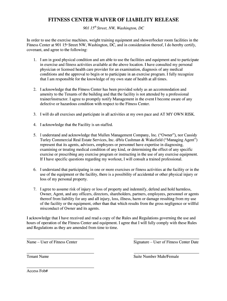 Fillable Online FITNESS CENTER WAIVER OF LIABILITY RELEASE Fax Email ...