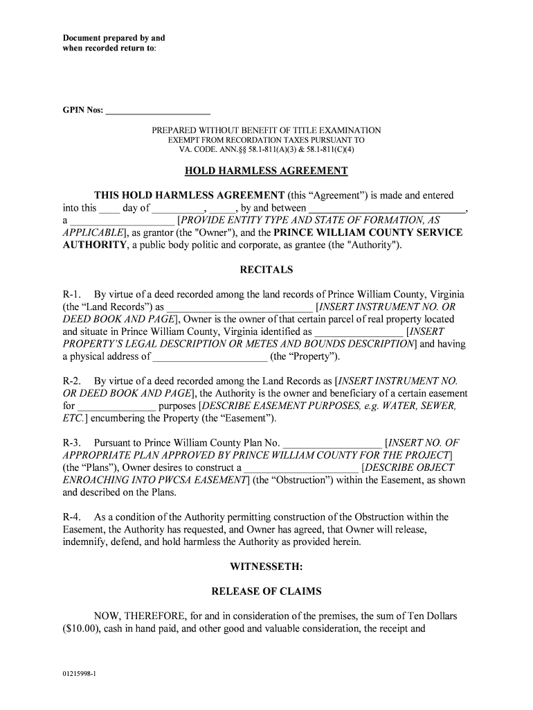 Fillable Online Hold Harmless Agreement Template - Prince William ...