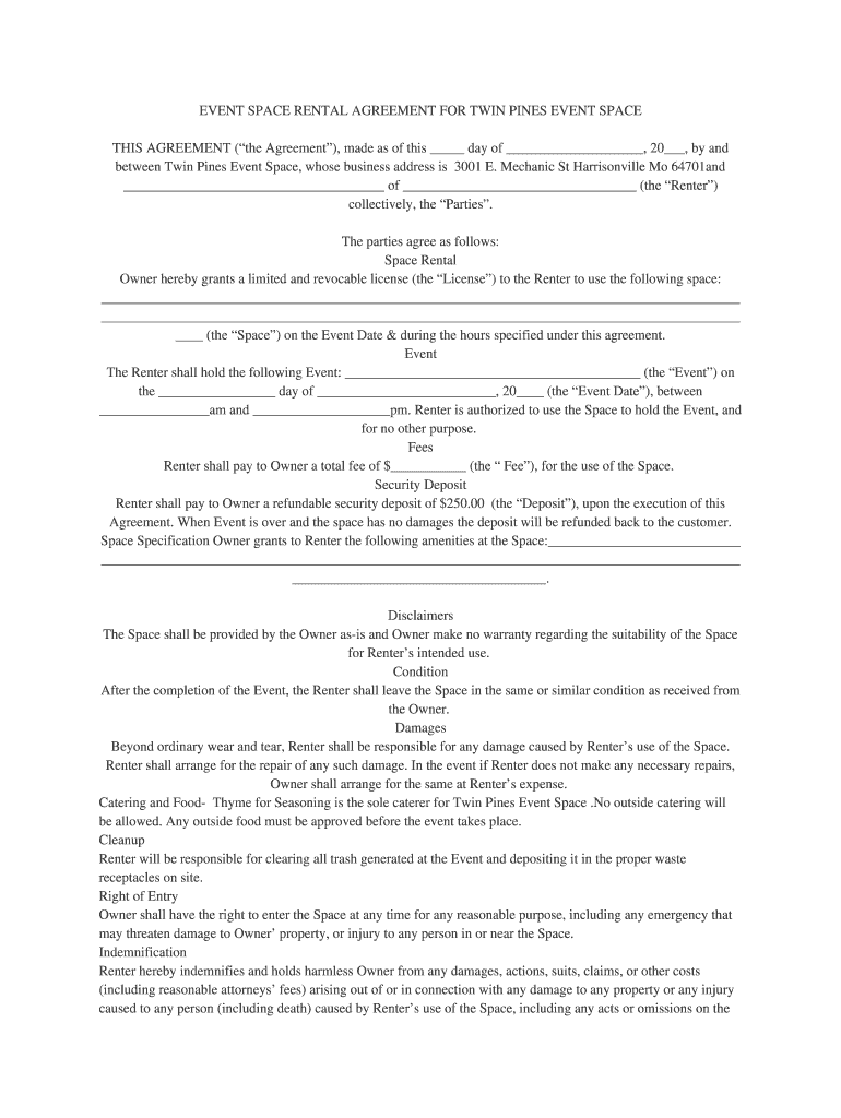 Fillable Online Free Event Facility Space Rental Agreement Template ...