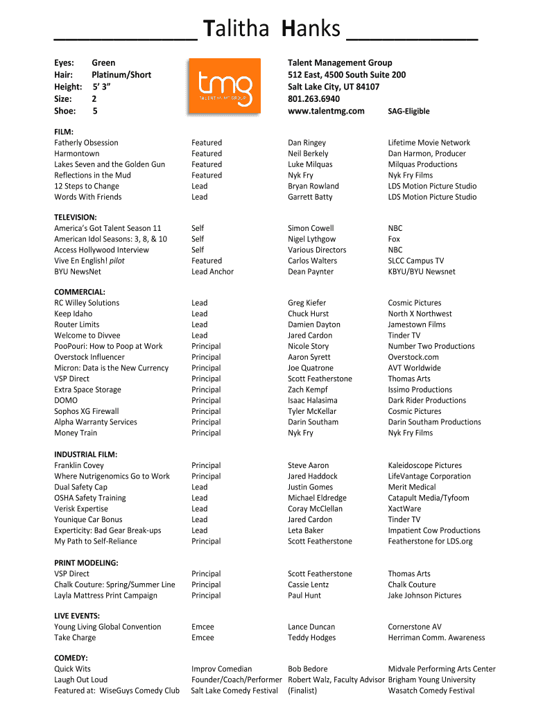Fillable Online alitha Hanks - talentmg.com Fax Email Print - pdfFiller