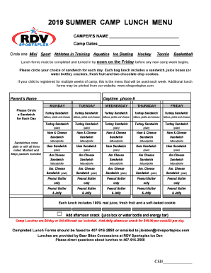 Fillable Online 2019 summer camp lunch menu - MVP Sports Clubs Fax ...
