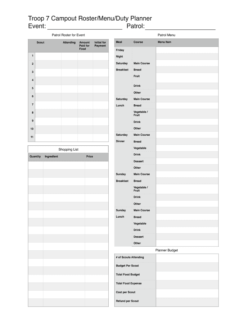 Fillable Online Troop 7 Campout Roster/Menu/Duty Planner Fill Online ...