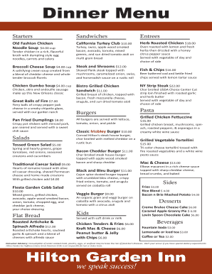 Fillable Online Dinner Menu - Hilton Garden Inn Fax Email Print - pdfFiller