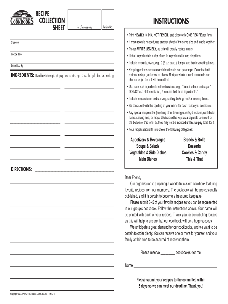 Fillable Online Fillable Online luzerne Recipe Collection Sheet ...