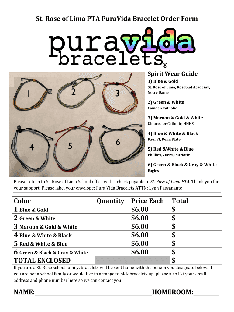 Fillable Online St. Rose of Lima PTA PuraVida Bracelet Order Form Fax ...