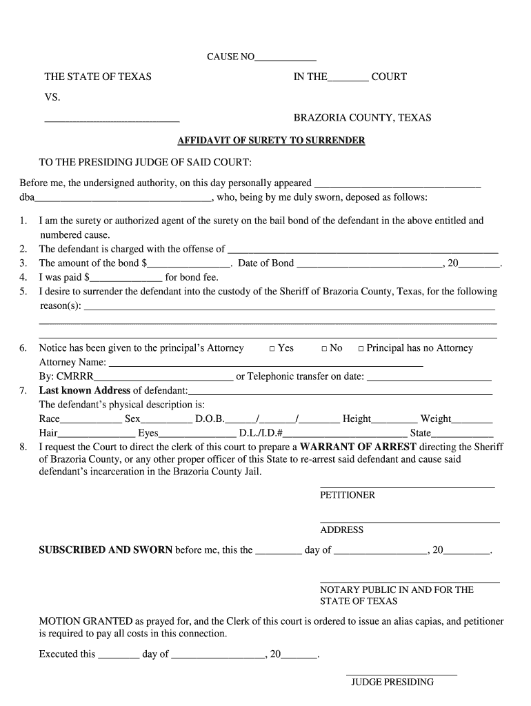 Fillable Online Affidavit of Surety to Surrender - Fort Bend County Fax ...