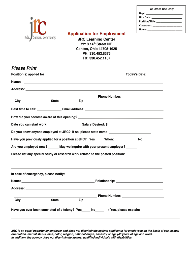 Fillable Online JRC Learning Center Employment Application Fax Email ...