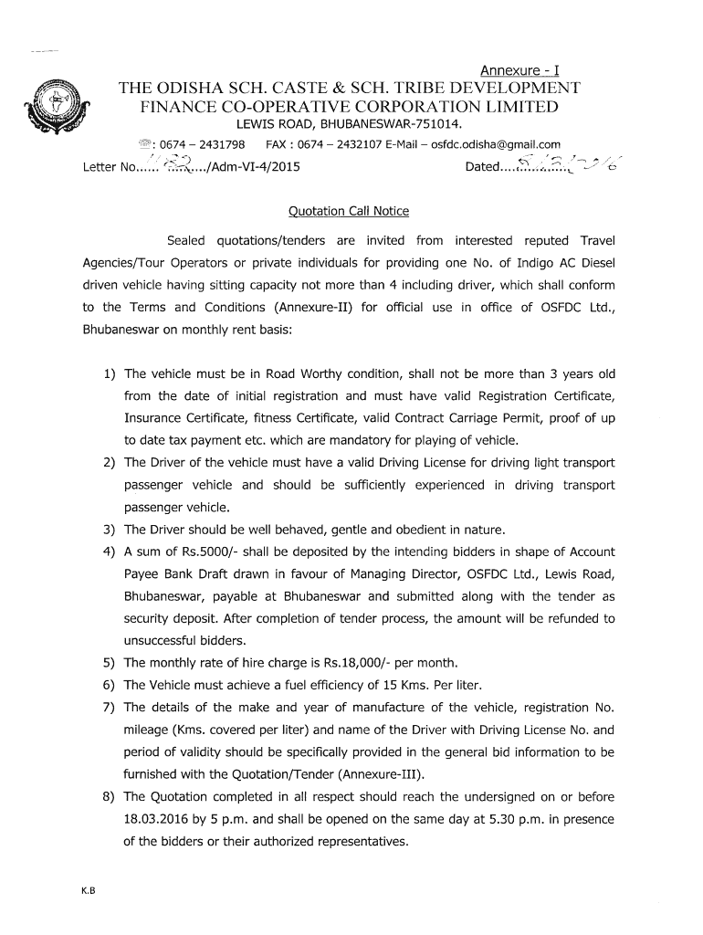 Fillable Online Tender/Quotation Call Notice - Odisha Home Department ...