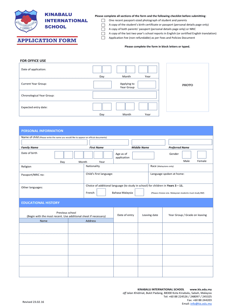 Fillable Online Fillable Online kis edu APPLICATION FORM - Kinabalu ...