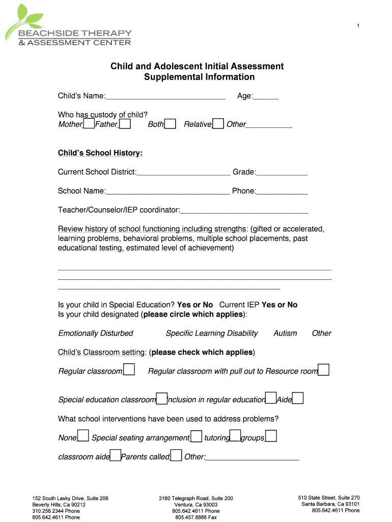 Fillable Online Child and Adolescent Initial Assessment.docx Fax Email ...
