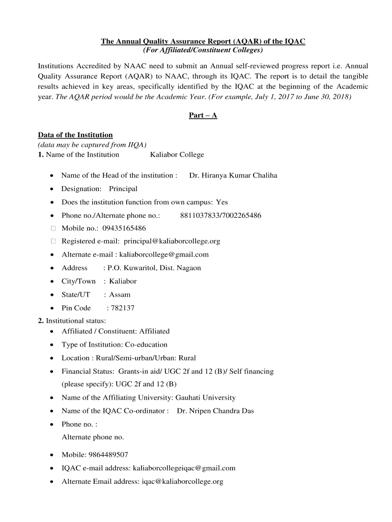 Fillable Online Quality Assurance Report (AQAR) to NAAC, through its ...