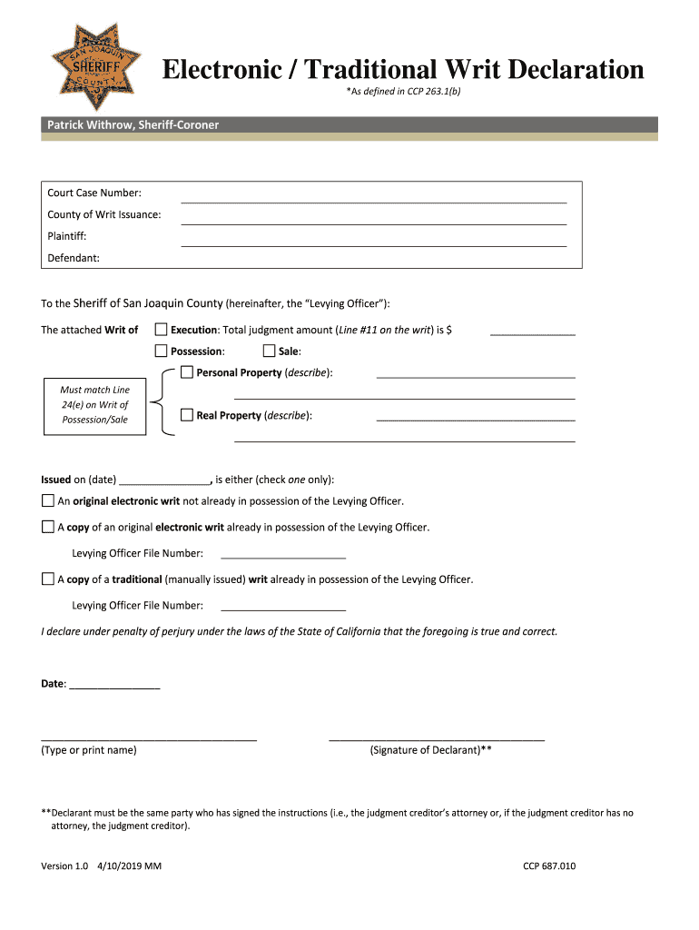 Fillable Online Writ of Possession - Real Property (Eviction) - San ...