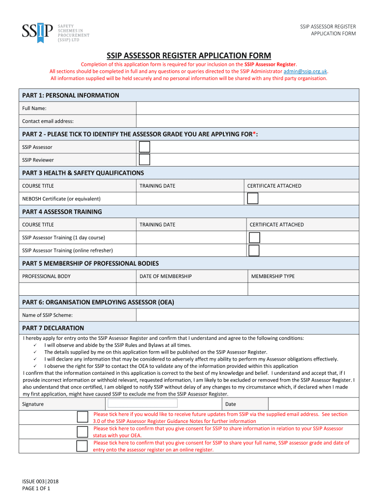 Fillable Online SSIP ASSESSOR REGISTER APPLICATION FORM Fax Email Print ...