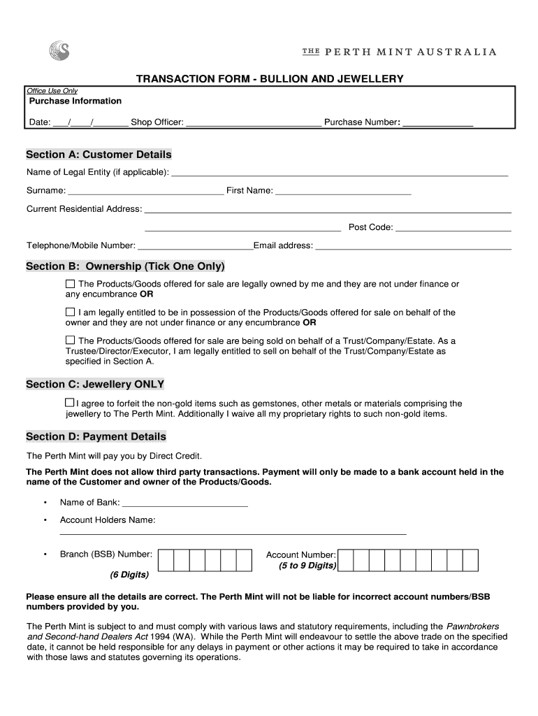 Fillable Online TRANSACTION FORM - BULLION AND JEWELLERY Section ...