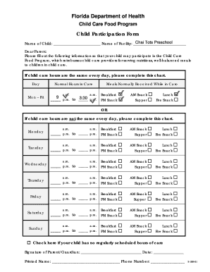Fillable Online Florida Department of Health Child Participation Form ...