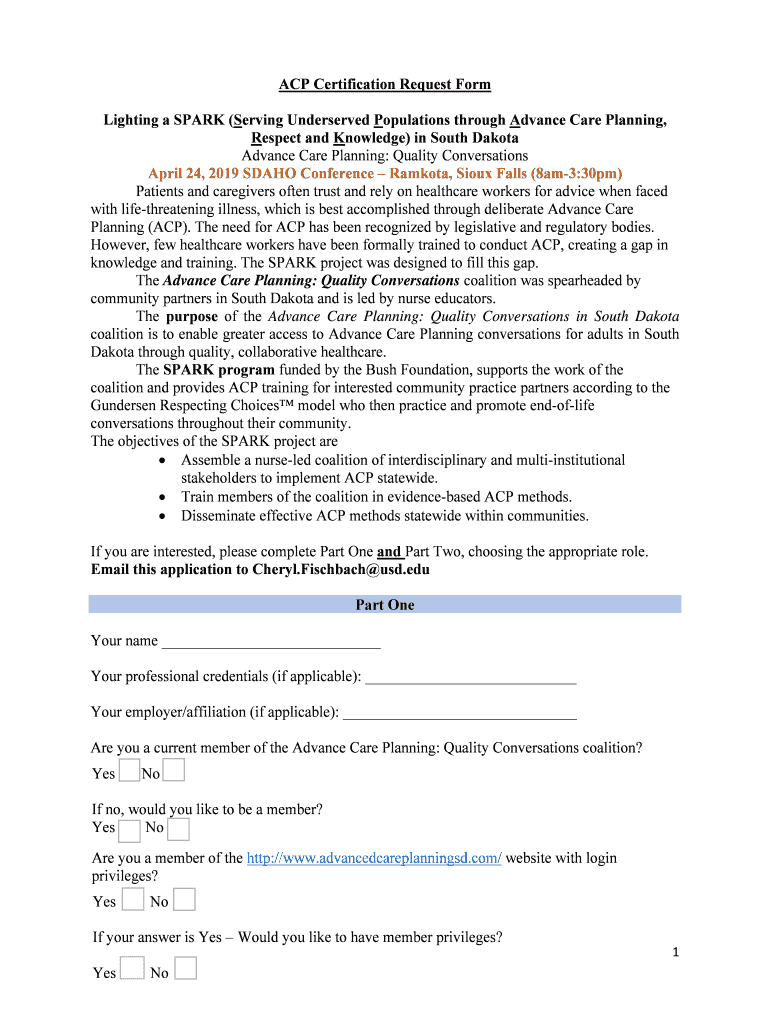 Fillable Online ACP Certification Request Form Lighting a SPARK (Serving ... Fax Email Print ...