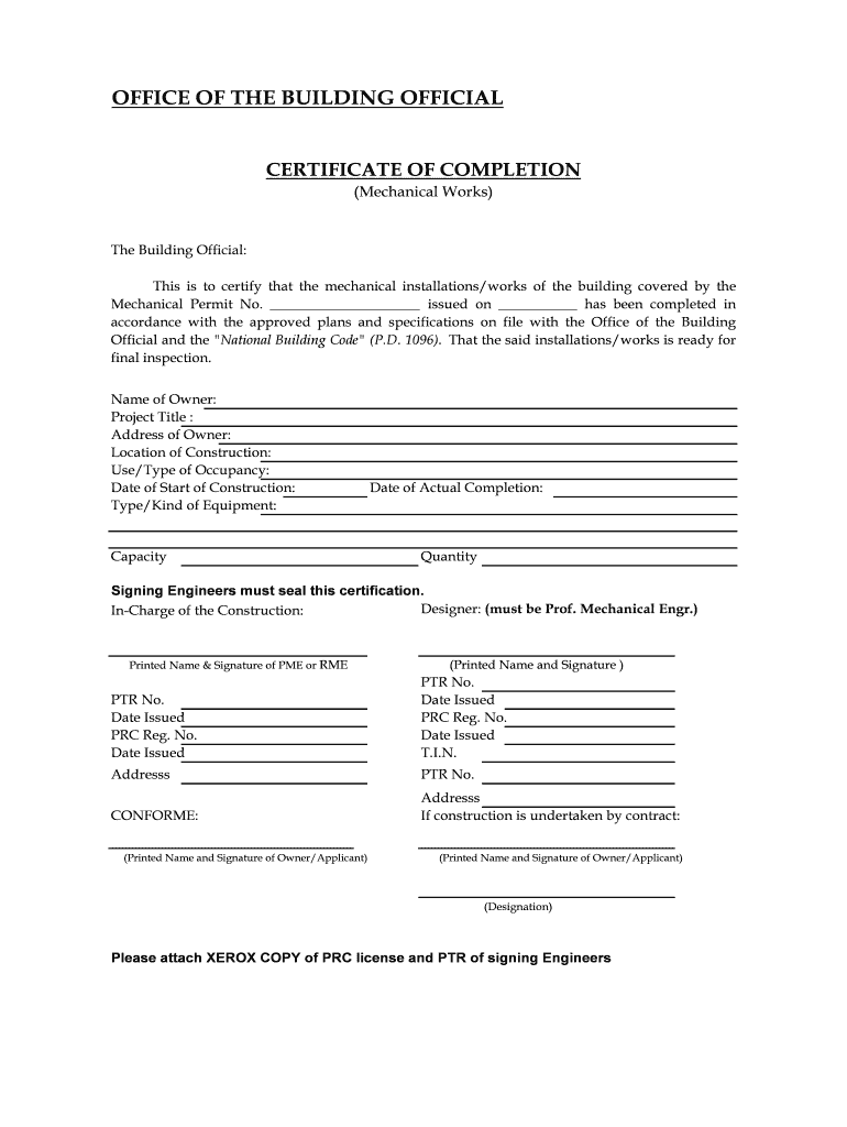Fillable Online Certificate of Completion for Mechanical Fax Email ...