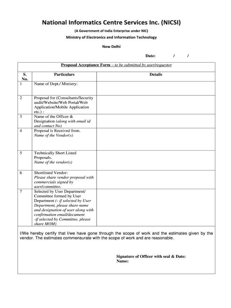 Fillable Online nicsi nic Proposal Acceptance Form - NICSI Fax Email Print - pdfFiller