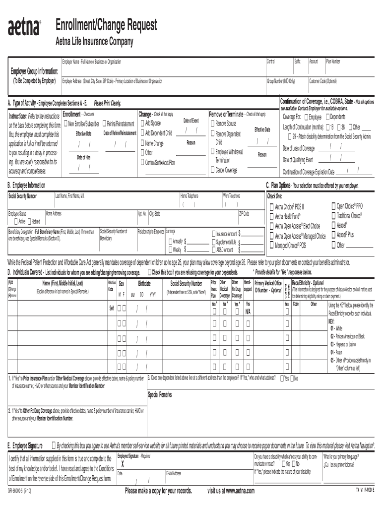 Fillable Online Texas Employee Enrollment/Change Form - PPO - Aetna. Texas Employee Enrollment ...